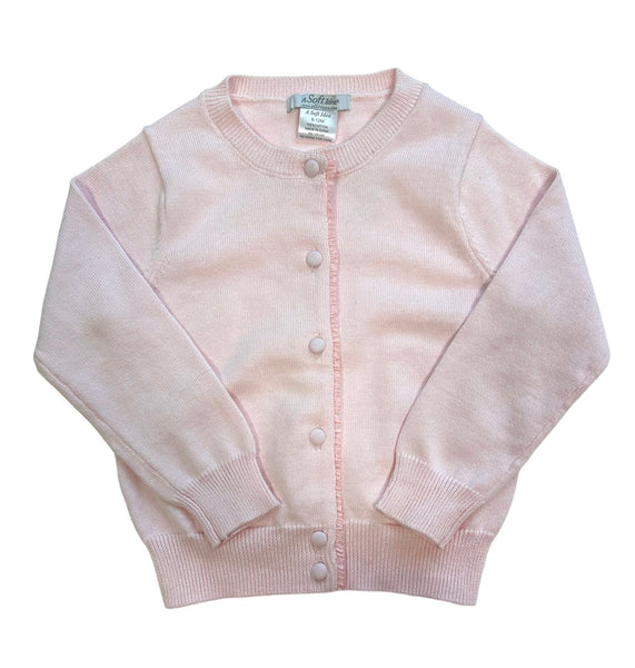 Cardigan with Ruffle Placket & Covered Buttons – A Soft Idea